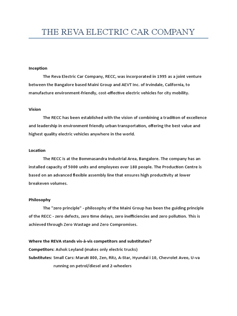 Reva Electric Car Company Overview | PDF | Electric Vehicle | Car