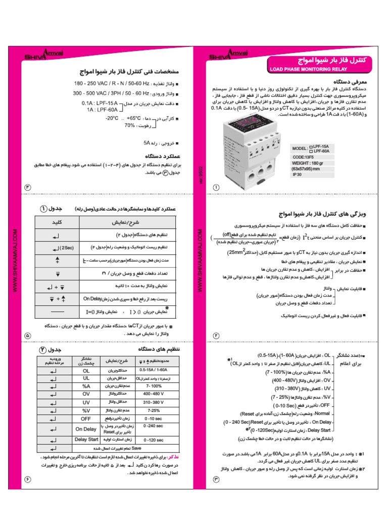 Shiva Amvaj Load Phase Monitoring Relay Model LPF Catalouge PDF | PDF