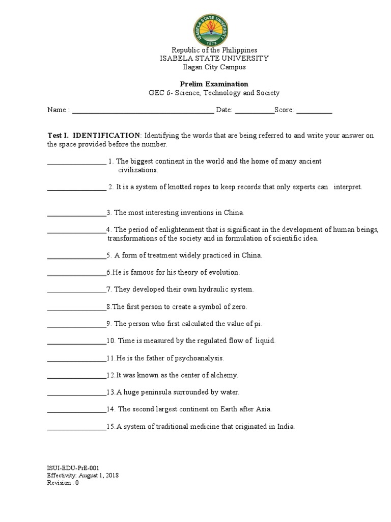 Prelim Examination: Isui-Edu-Pre-001 Effectivity: August 1, 2018 ...