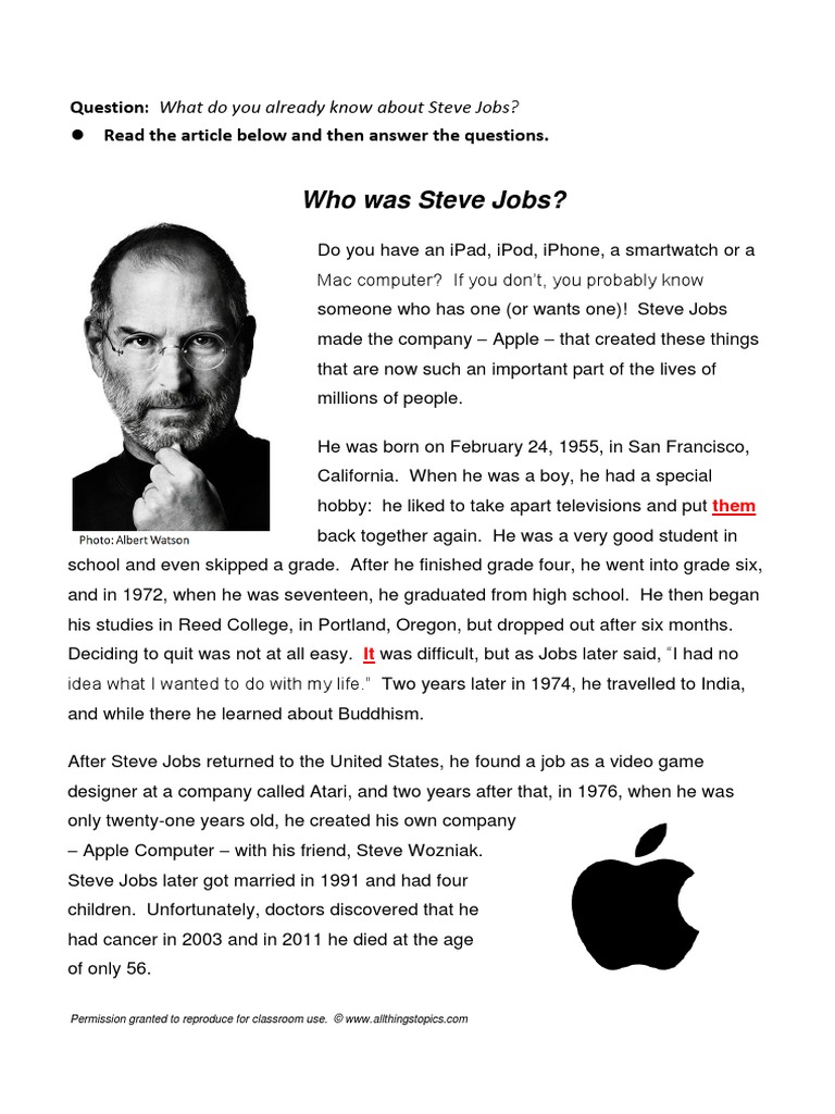 Who Was Steve Jobs?: Read The Article Below and Then Answer The ...