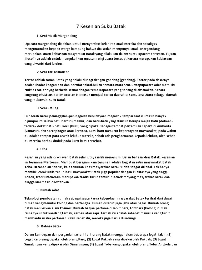 7 Kesenian Suku Batak | PDF