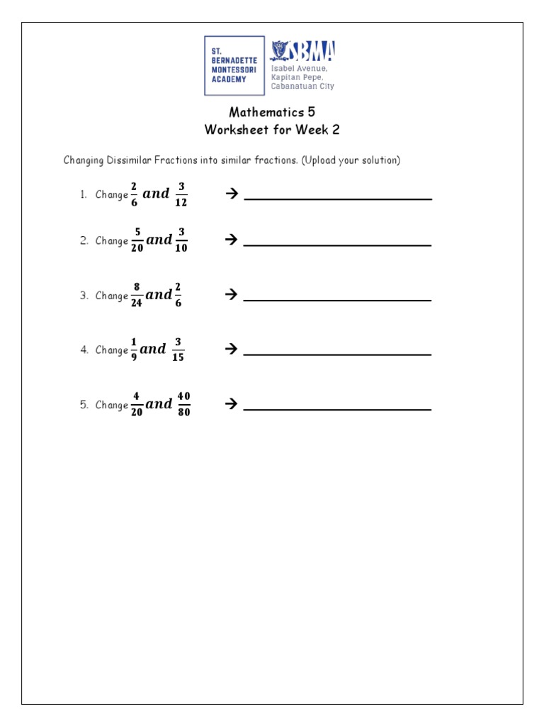 Mathematics 5 Worksheet For Week 2: Changing Dissimilar Fractions Into ...