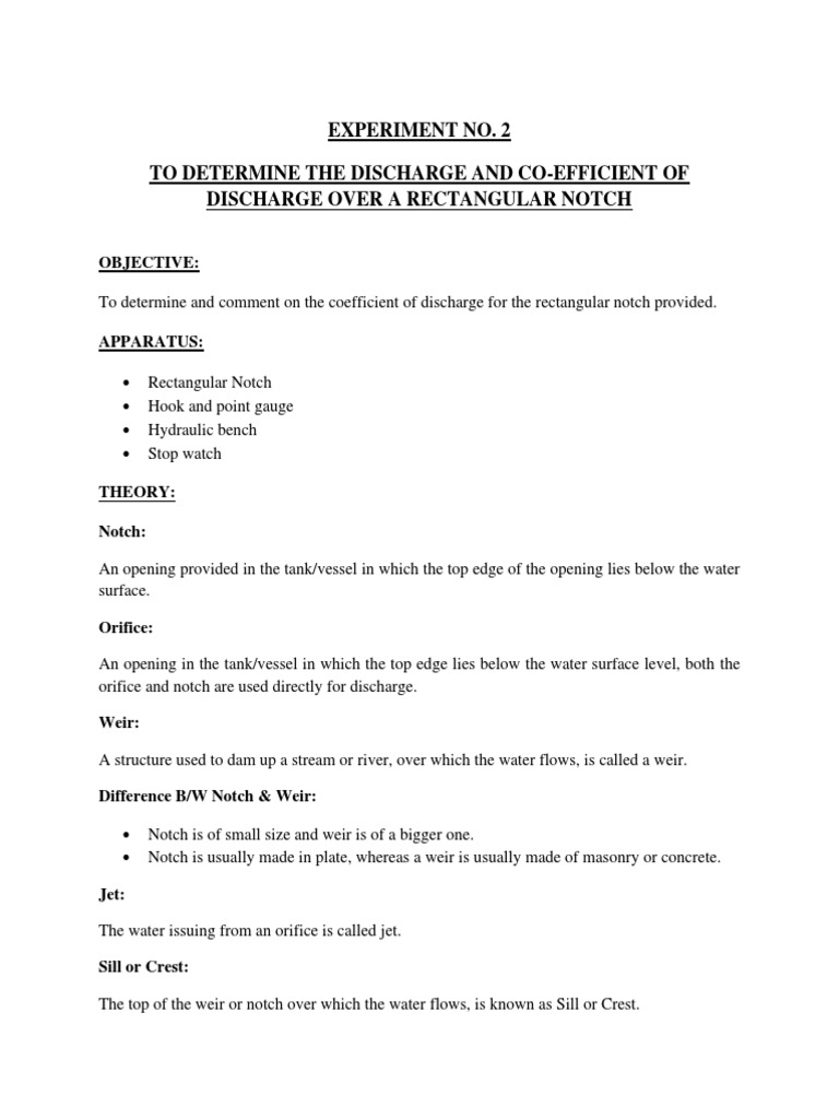 Experiment No. 2 To Determine The Discharge and Co-Efficient of ...