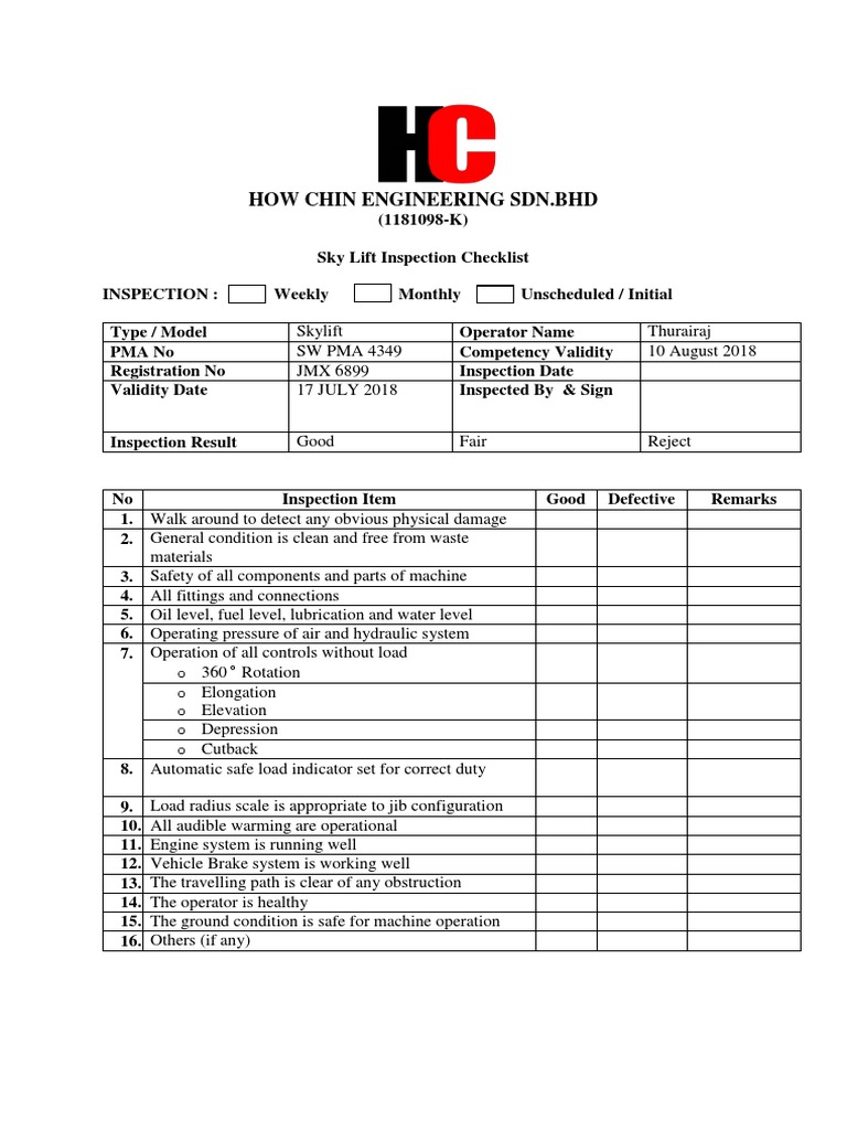 Skylift CHECKLIST | PDF
