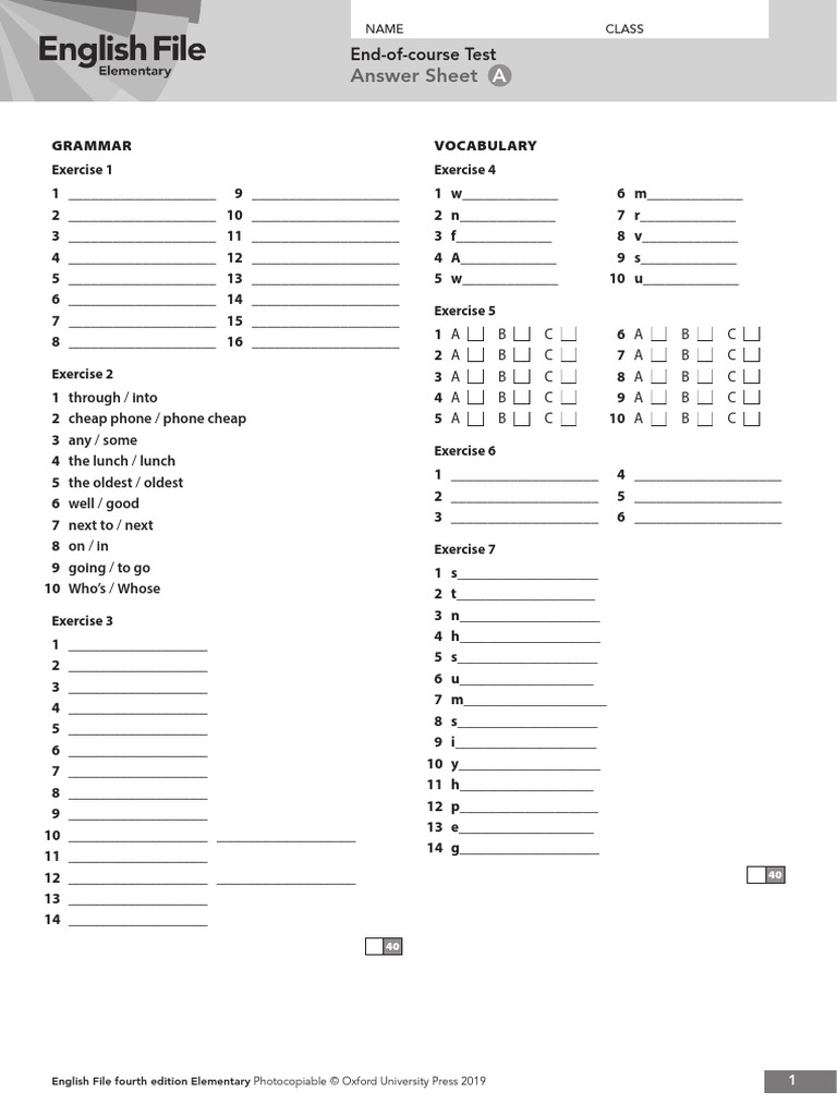 EF4e Elem End of Course Test A Answer Sheet PDF | PDF | Semiotics ...