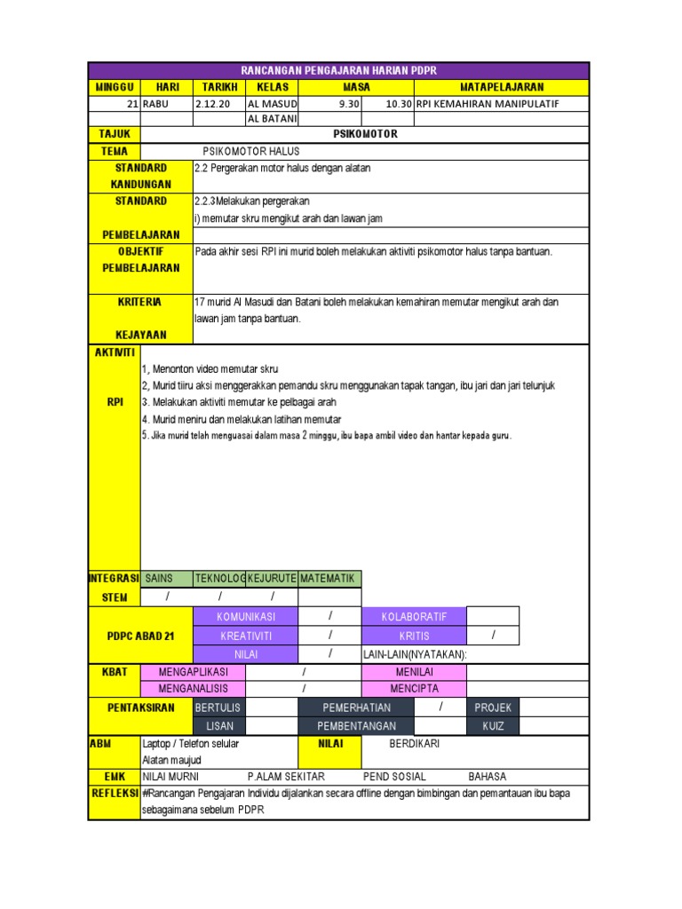 Contoh RPH PDPR | PDF | Karier & Perkembangan | Seni