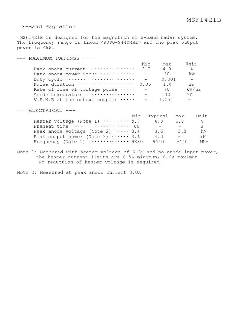 MSF1421B: X-Band Magnetron | PDF | Science & Mathematics | Computers