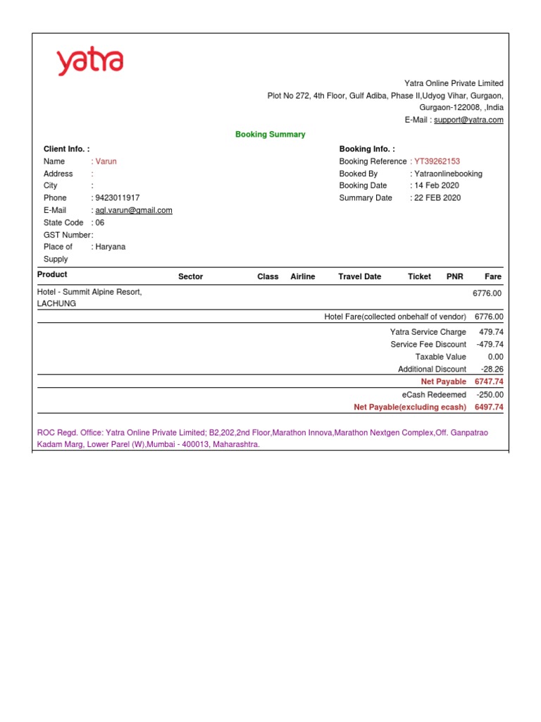 Booking Summary for Hotel Summit Alpine Resort in Lachung for Varun ...