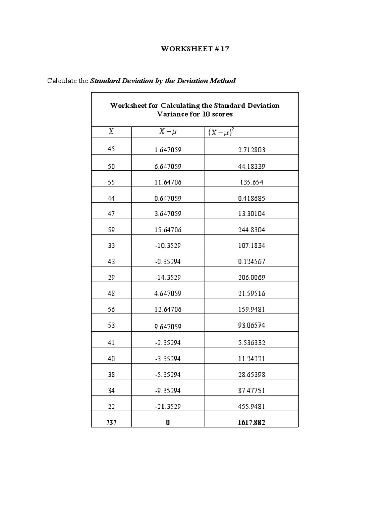 Calculate The Standard Deviation by The Deviation Method: Worksheet ...