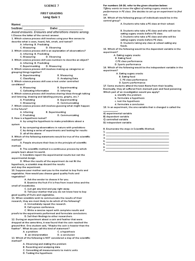 Long Quiz 1: Avoid Erasures. Erasures and Alterations Means Wrong | PDF ...