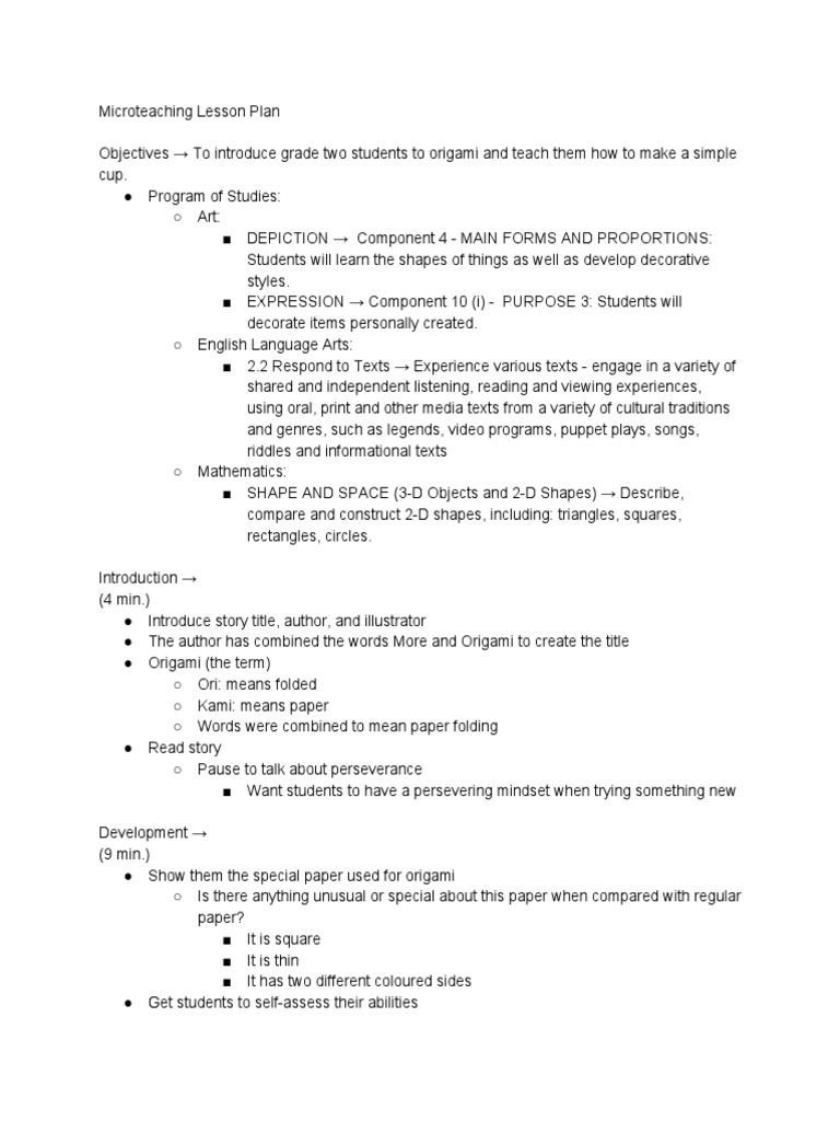 Microteaching Lesson Plan | PDF | Origami | Shape