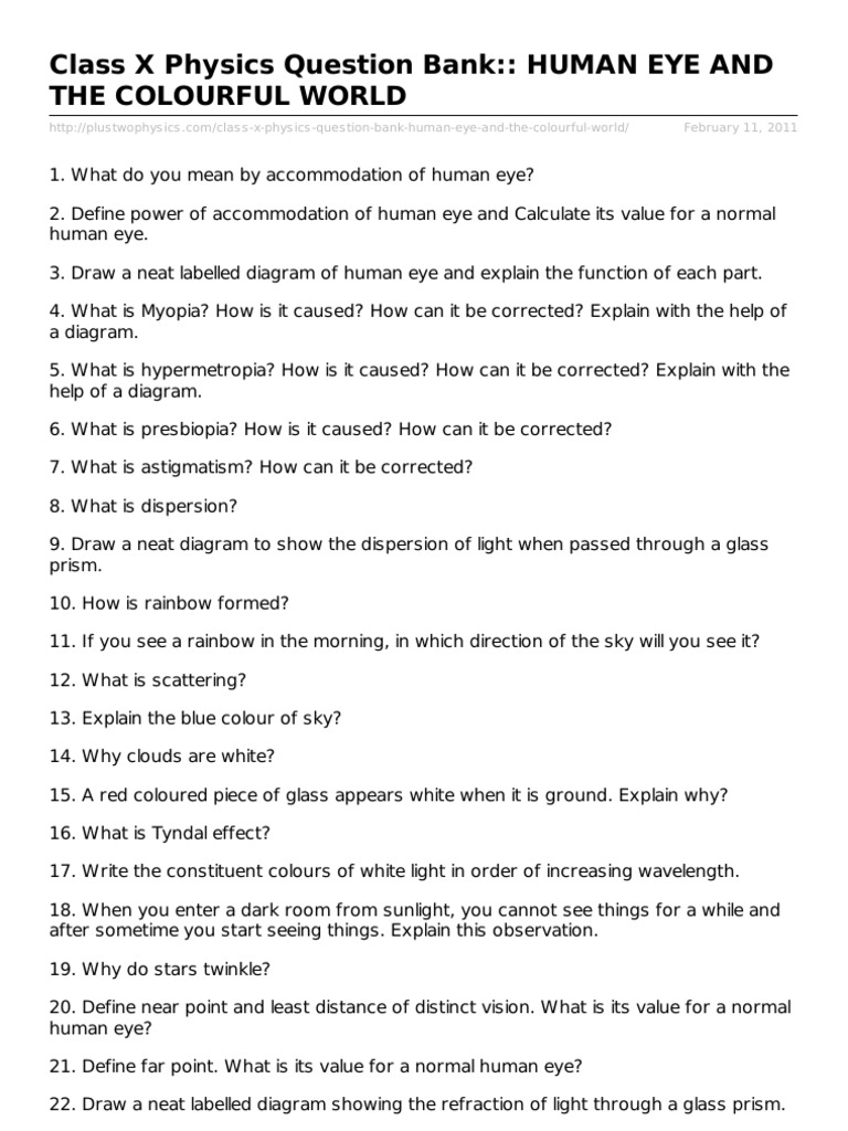 Class X Physics Question Bank - HUMAN EYE and The COLOURFUL WORLD | PDF ...