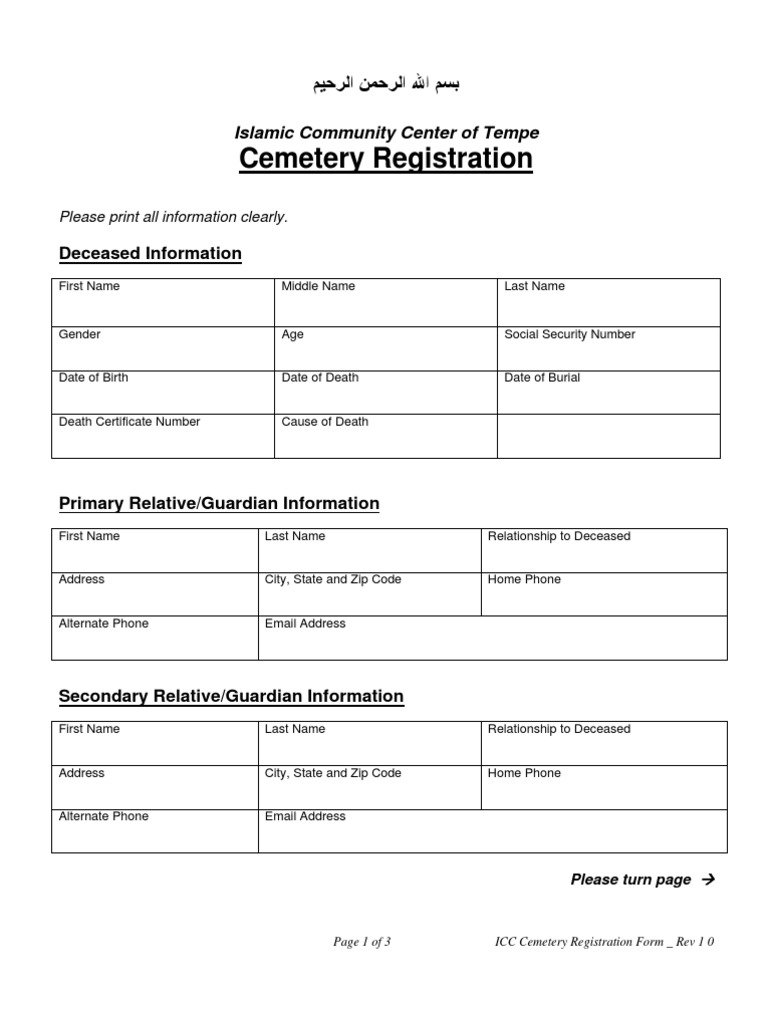 ICC Cemetery Registration Form | PDF | Cemetery | Headstone