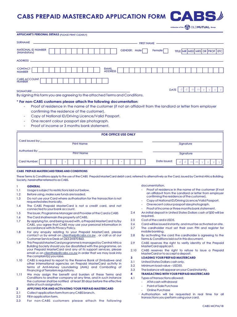 CABS Prepaid MasterCard Application Guide | PDF | Master Card | Debit Card
