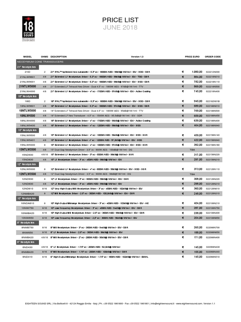 2018 Price List EURO 18 Sound | PDF | Sound Technology | Audio Engineering
