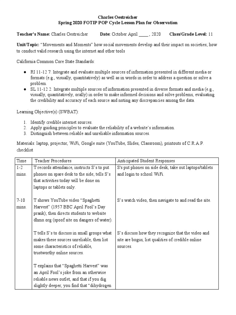 Charles Oestreicher Spring 2020 FOTIP POP Cycle Lesson Plan For ...