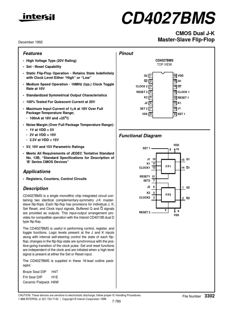 CD4027BMS: Pinout Features | PDF | Cmos | Logic Gate