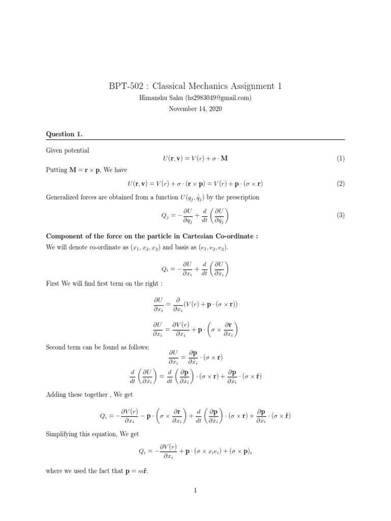 BPT-502: Classical Mechanics Assignment 1 | PDF | Lagrangian Mechanics ...