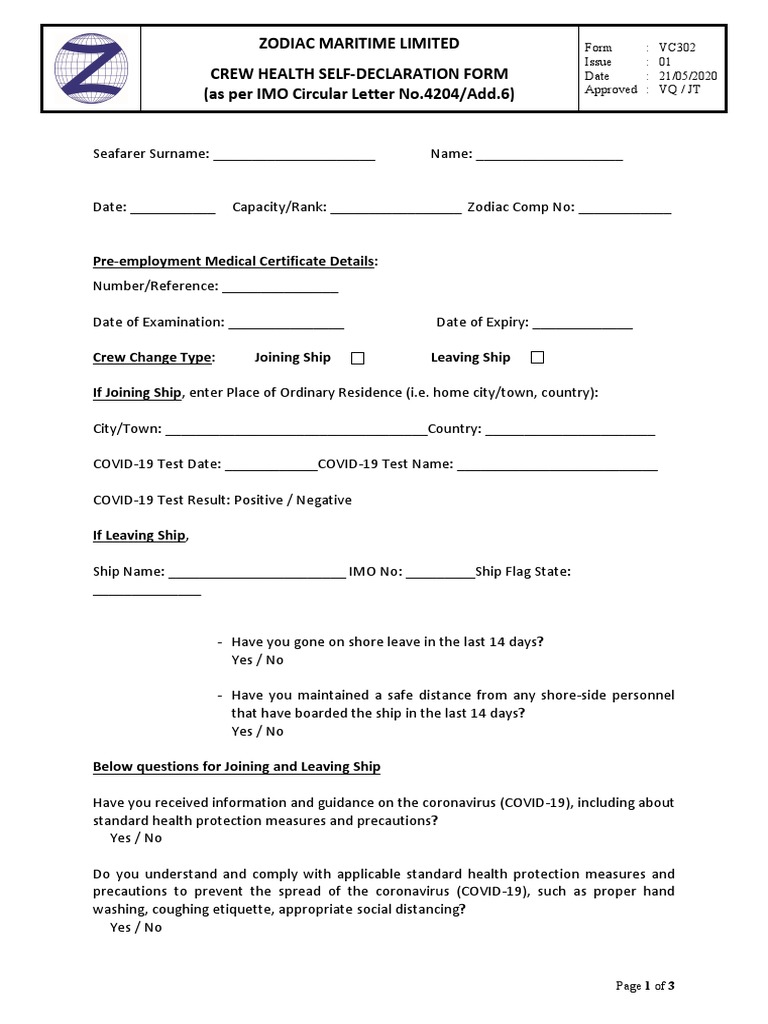 Zodiac Maritime Limited Crew Health Self-Declaration Form (As Per IMO ...