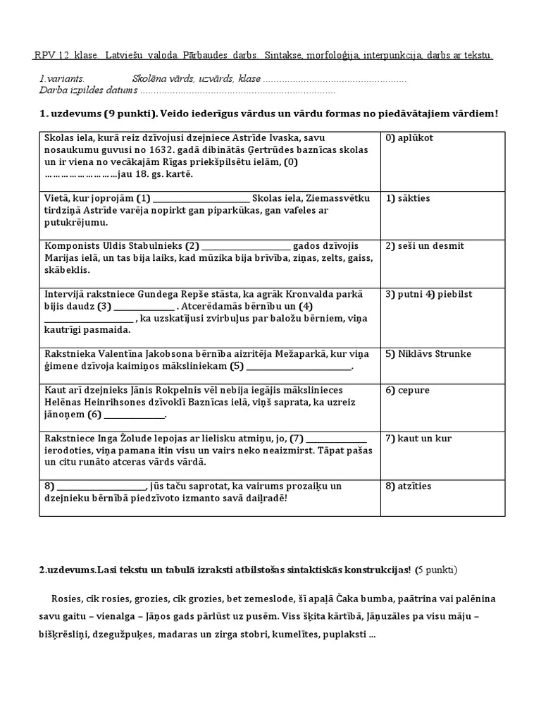 PD Morfologija Sintakse 12.kl. 1.variants | PDF
