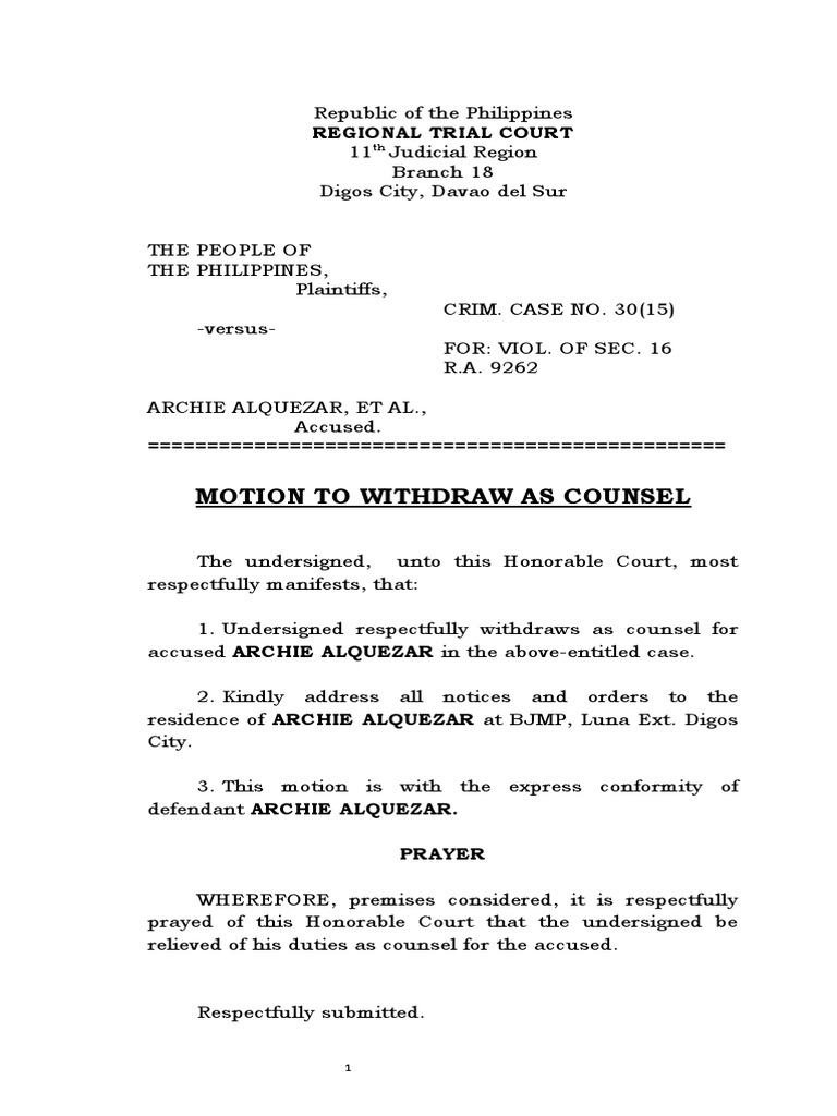 Motion To Withdraw As Counsel: Regional Trial Court | PDF | Social ...