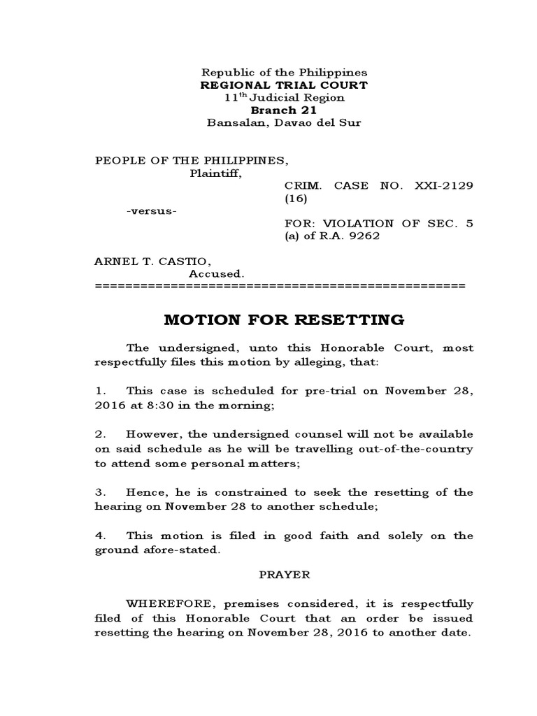 Castio Motion For Resetting | PDF