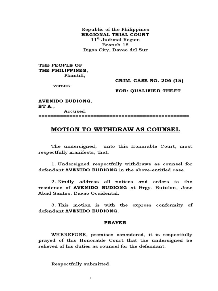 Motion to Withdraw as Counsel Digos Court | PDF