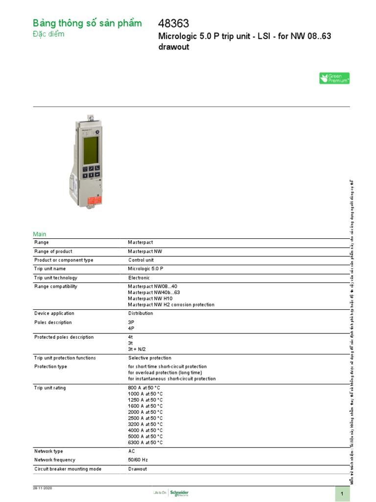 Bảng thông số sản phẩm: Micrologic 5.0 P trip unit - LSI - for NW 08 ...