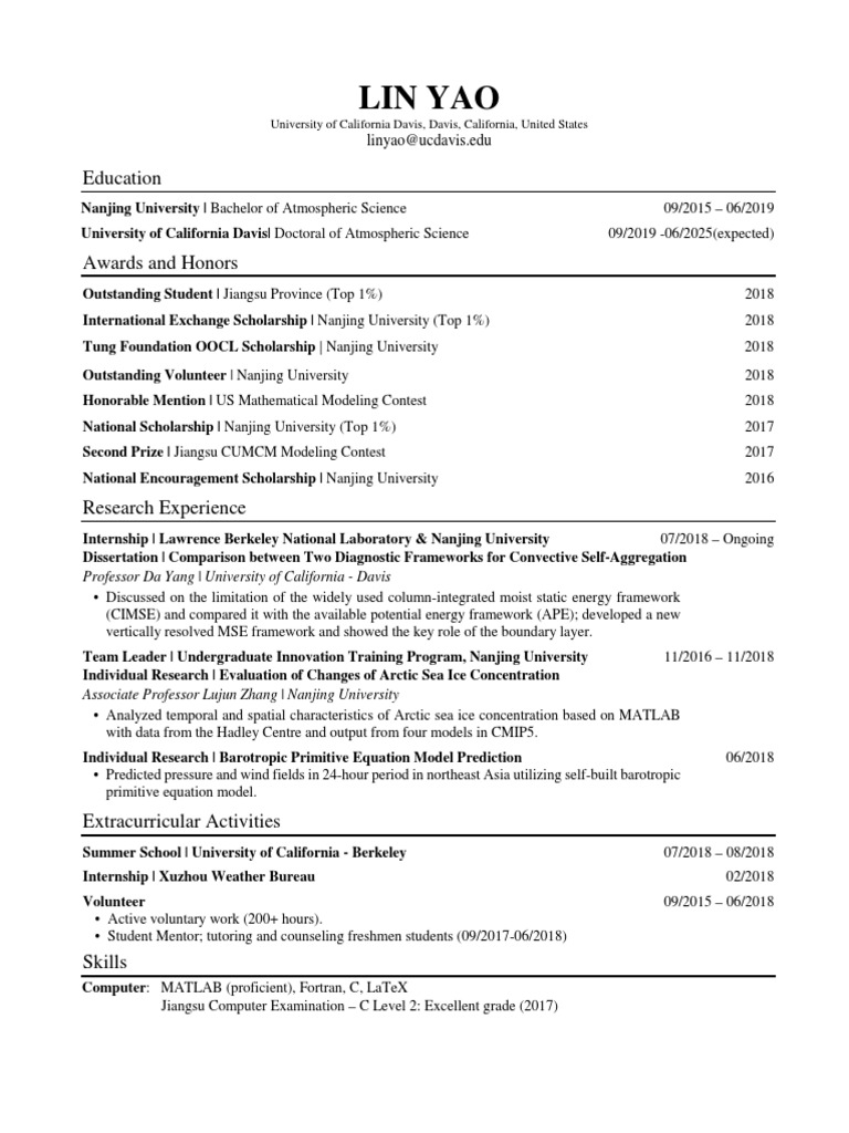 CV Yao Lin | PDF | Weather | Science