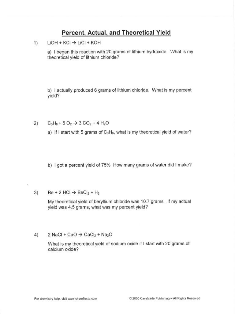 Percent Yield, Actual Yield, Theoretical Yield Worksheet KEY | PDF