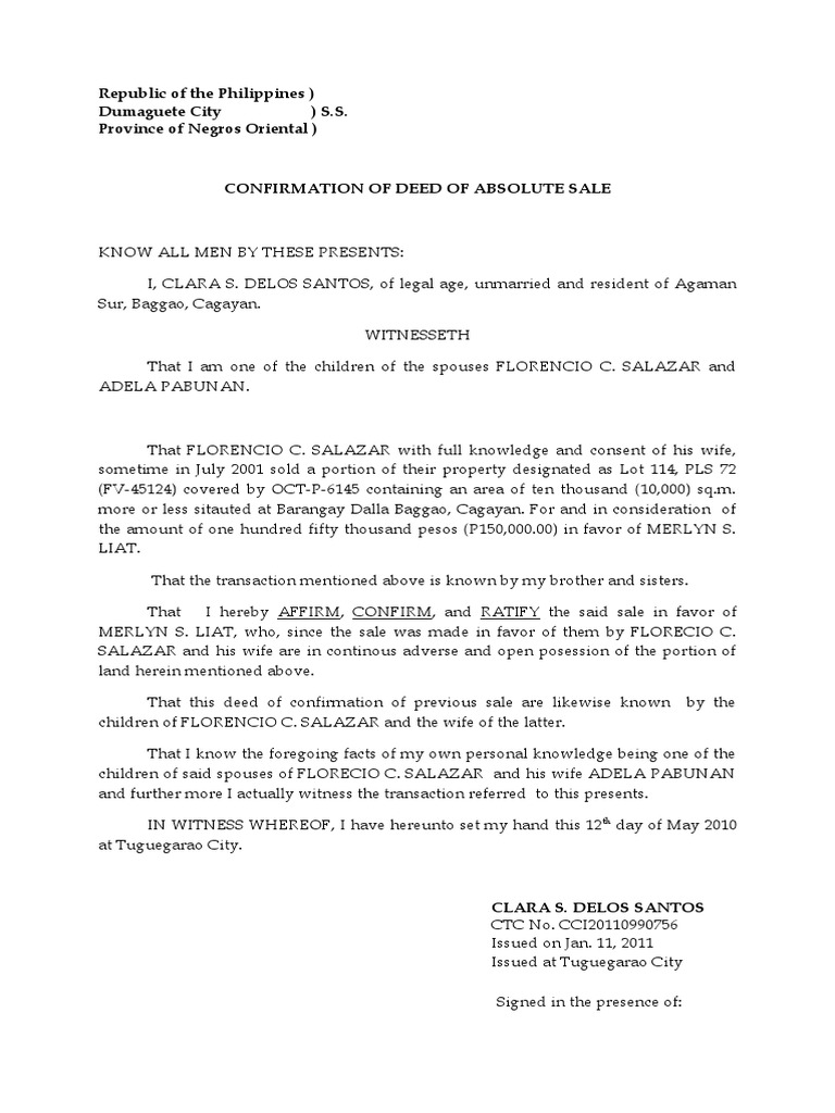 Sample Confirmation of Deed of Absolute Sale | PDF | Civil Law (Legal ...