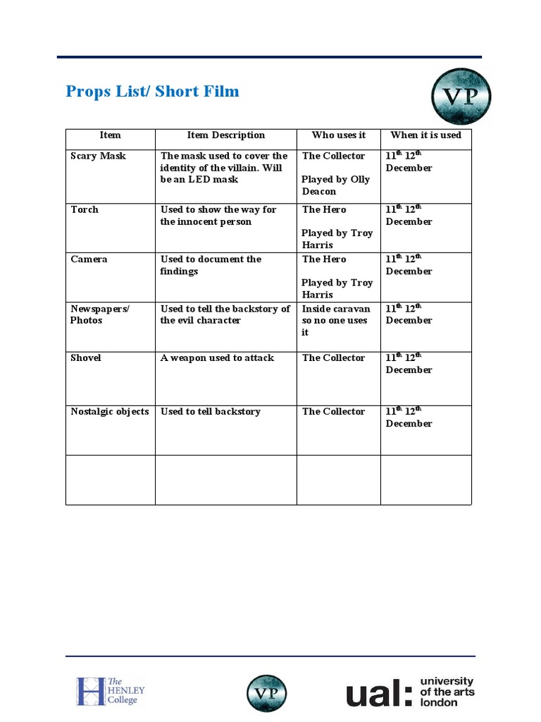 Short Film Props List and Usage | PDF | Art | Young Adult