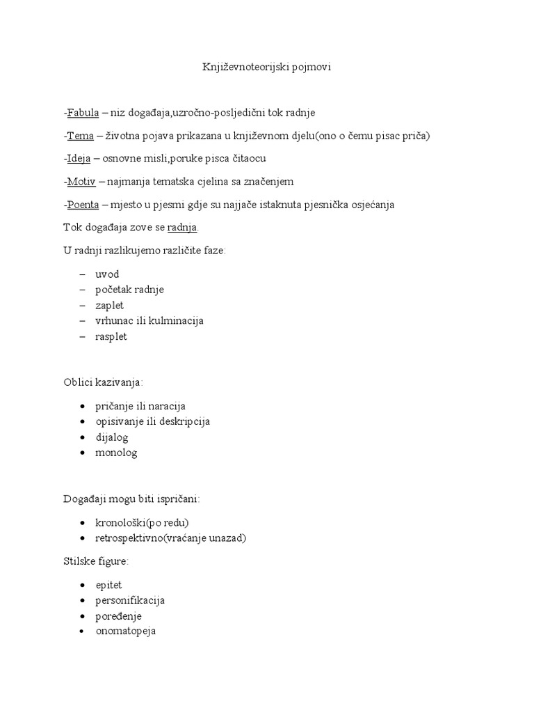Književnoteorijski Pojmovi Za Šesti Razred | PDF