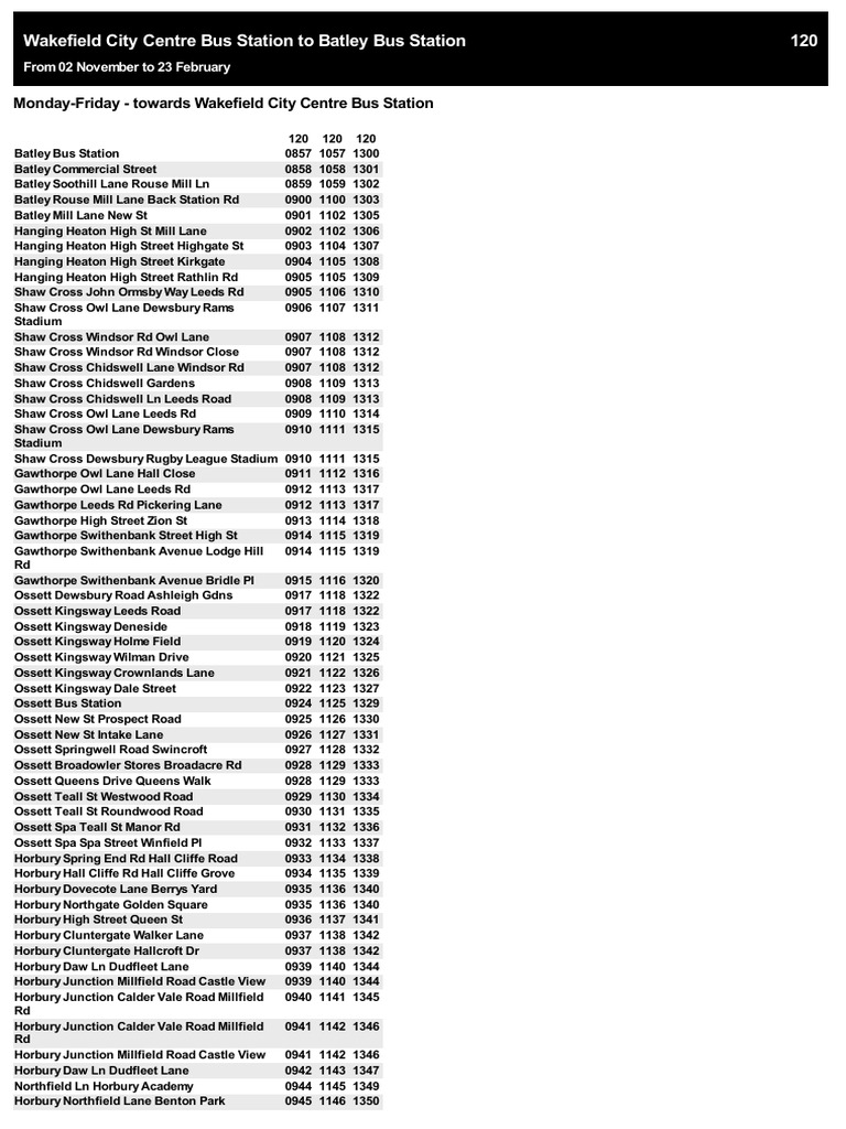 120 From Wakefield City Centre Bus Station To Batley Bus Station | PDF ...