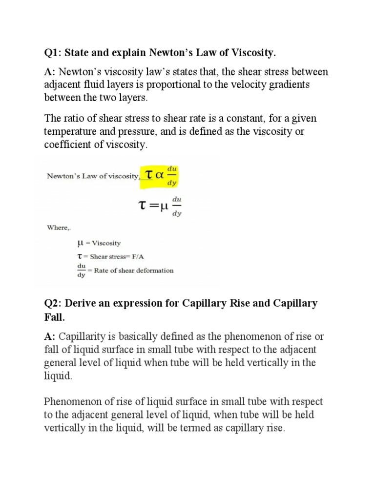 Q1: State and Explain Newton's Law of Viscosity. A: Newton's Viscosity ...