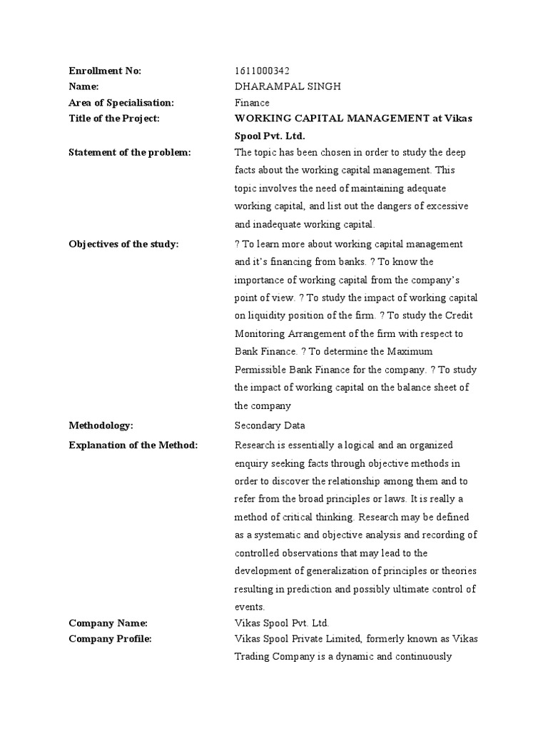 Enrollment No: Name: Area of Specialisation: Title of The Project ...