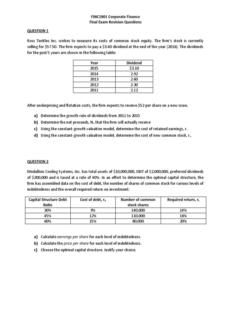 Revision Questions - Final Exam - Q | PDF | Cost Of Capital | Dividend