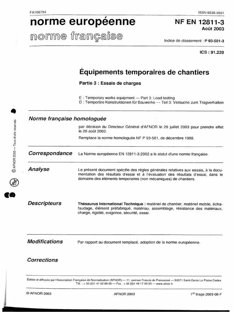 EN 12811 3 Equipements Temporaires de Chantier Partie 3 Essais de ...