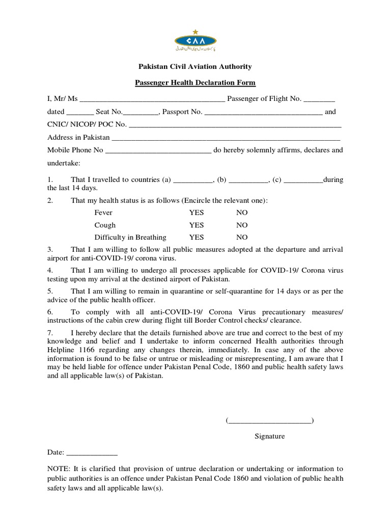 Pakistan Civil Aviation Authority Passenger Health Declaration Form | PDF