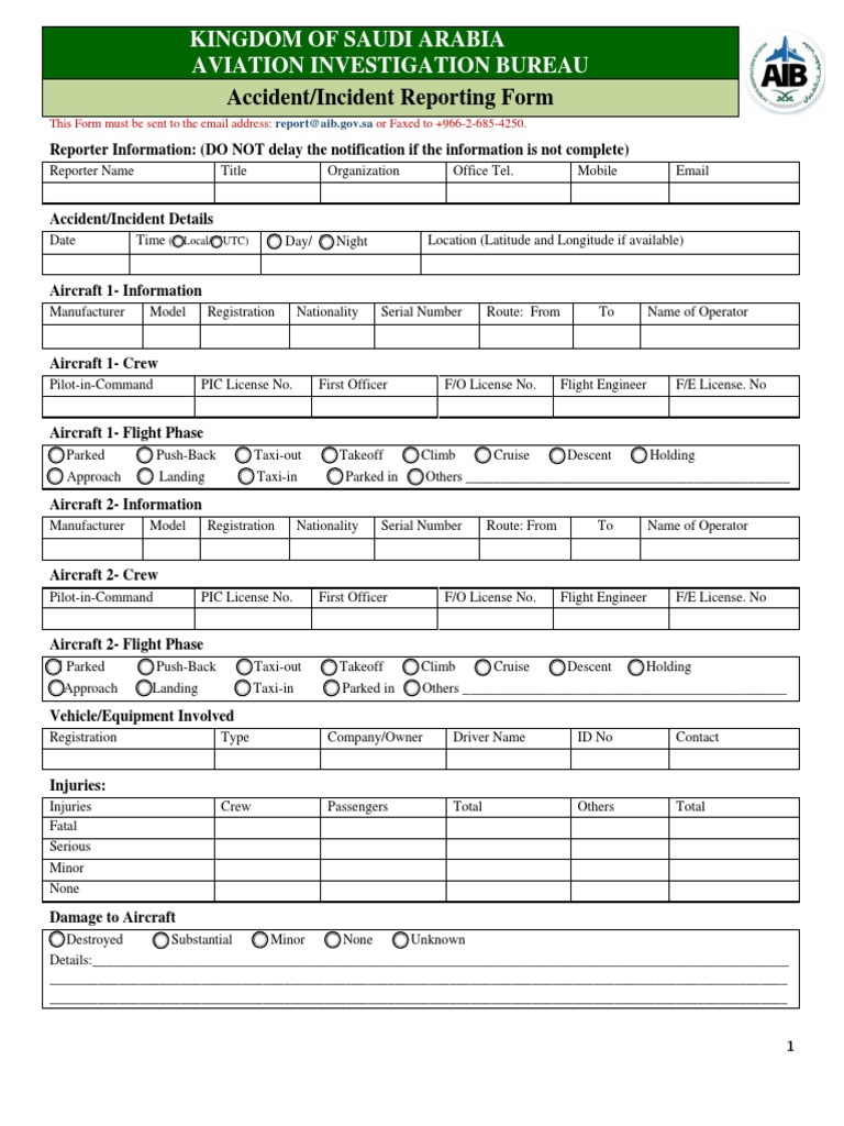 Accident/Incident Reporting Form: Kingdom of Saudi Arabia Aviation ...