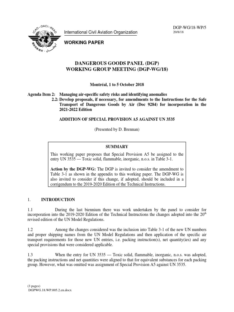 Dangerous Goods Panel (DGP) Working Group Meeting (Dgp-Wg/18) | PDF ...