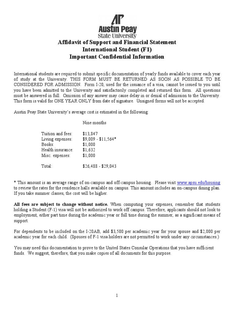 F1 Visa Affidavit of Support Form | PDF | Government