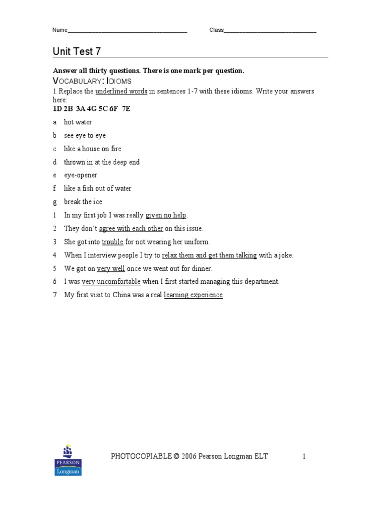 Unit Test 7: Answer All Thirty Questions. There Is One Mark Per ...