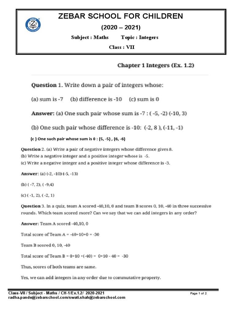 Zebar School For Children: Subject: Maths Topic: Integers Class: VII ...
