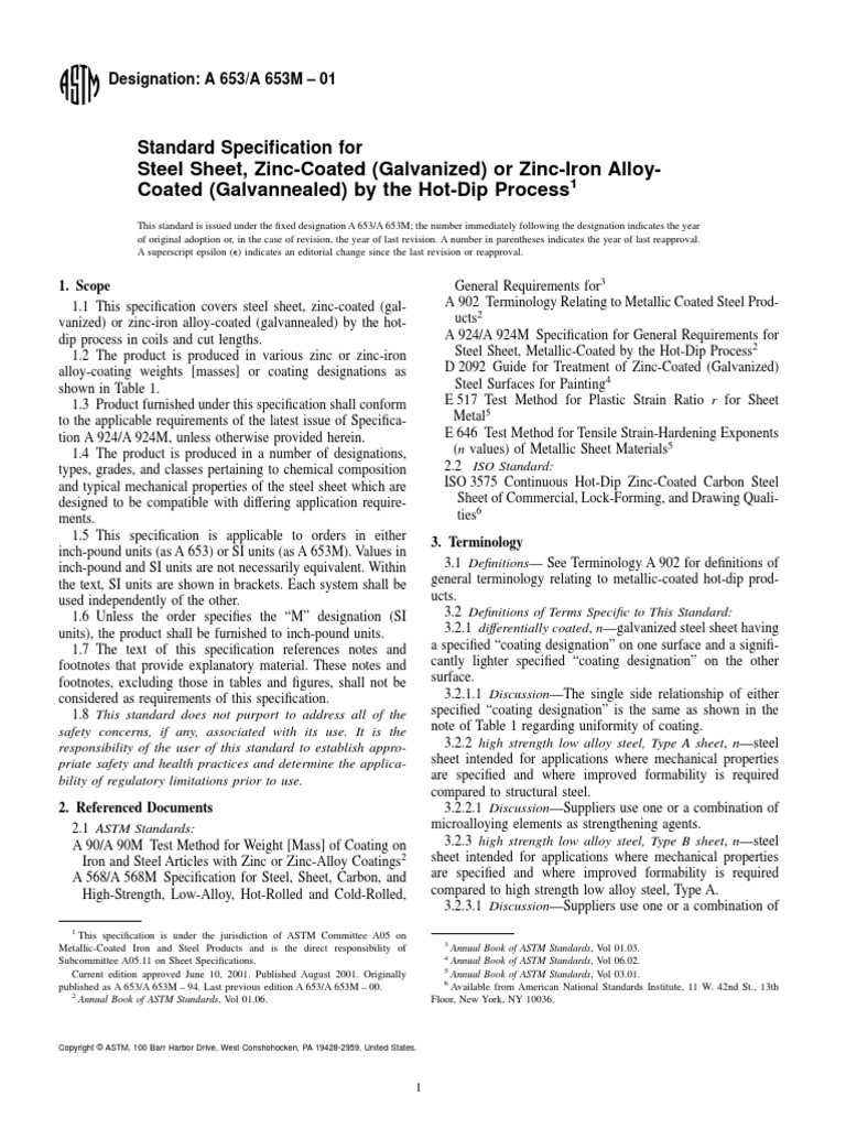 ASTM A653 - Standard Pec. For Steel, Galvanized by Hot Deep Process ...