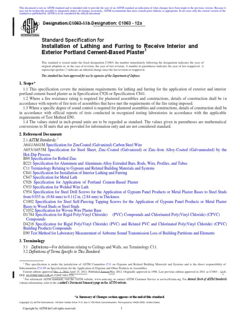 ASTM C1063-12a - Standard Specification For Installation of Lathing and Furring To Receive ...