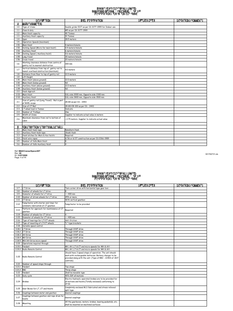 Specifications of 40T EOT Crane (Rev00) For 70 Block-1 | PDF | Crane ...