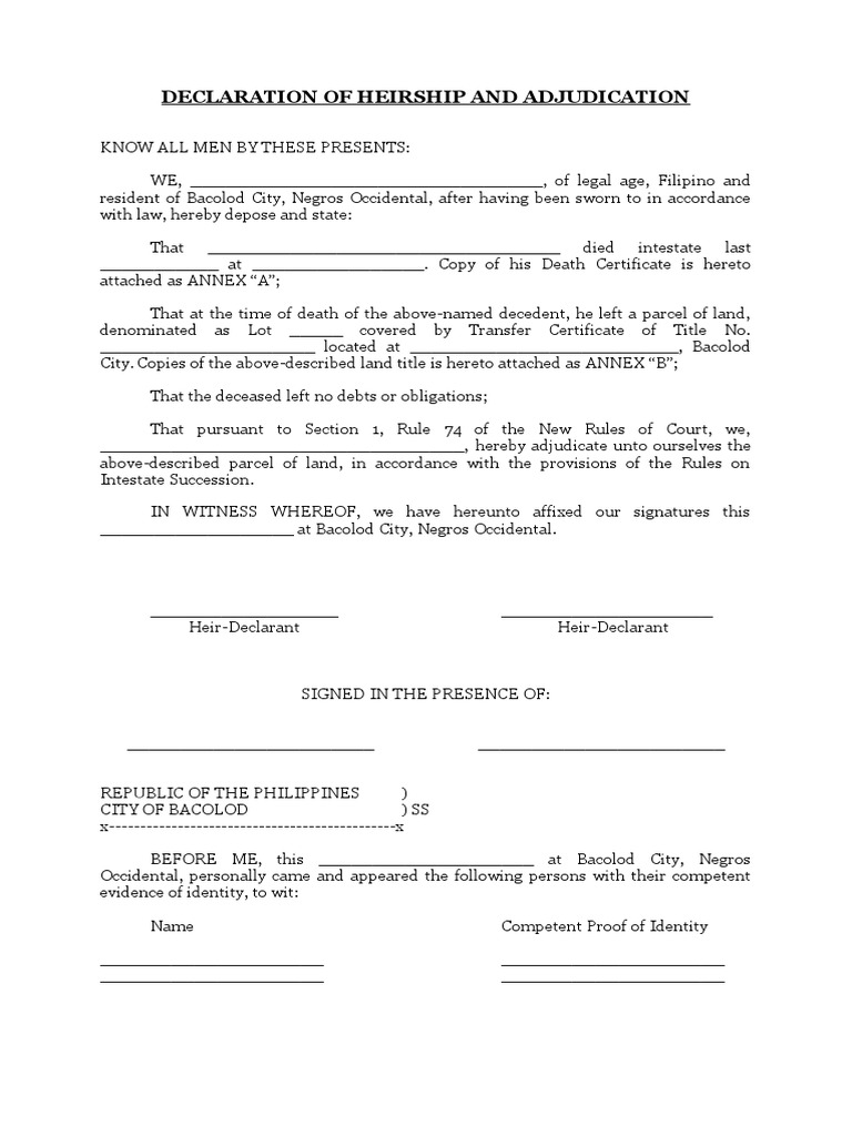 Heirship Declaration and Adjudication | PDF | Intestacy | Civil Law ...