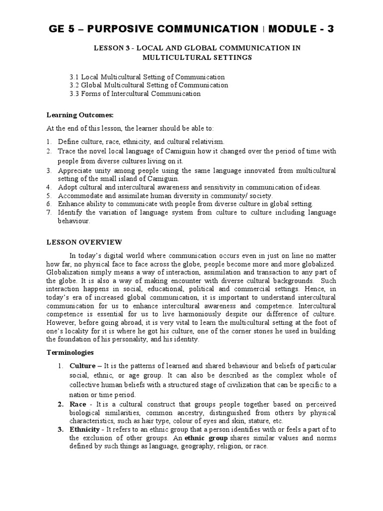 Ge 5 - Purposive Communication Module - 3 | PDF | Multiculturalism ...