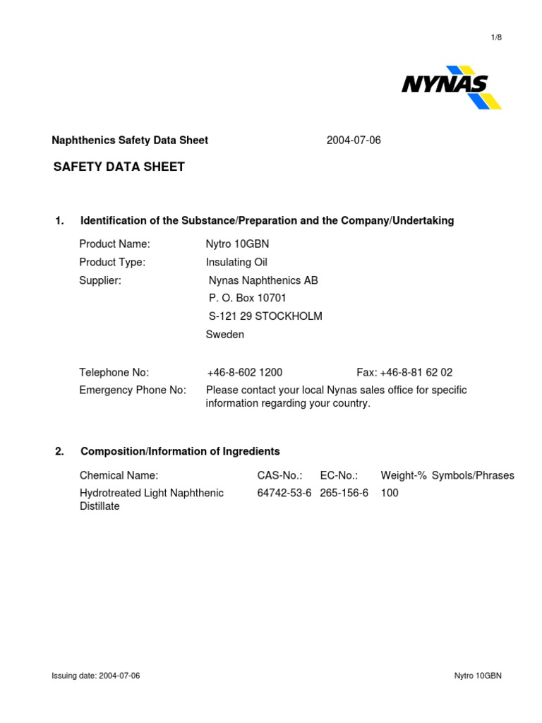 Nynas Nytro 10GBN MSDS | PDF | Toxicity | Personal Protective Equipment